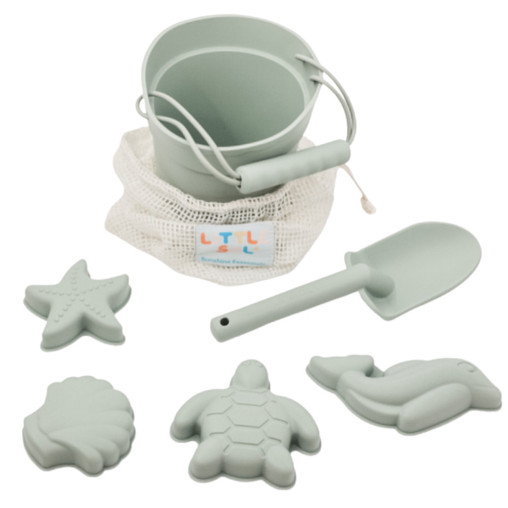 Silicone Beach Bucket and Spade 6 Pc Set - Sage Green - Toy Dubai (Toys ...